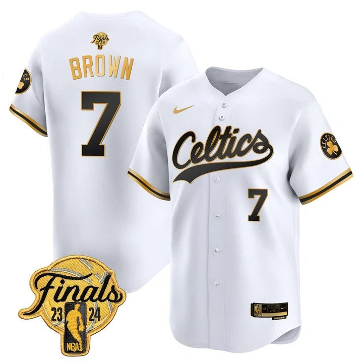 Men's Boston Celtics #7 Jaylen Brown 2024 Finals White Gold Baseball Jersey