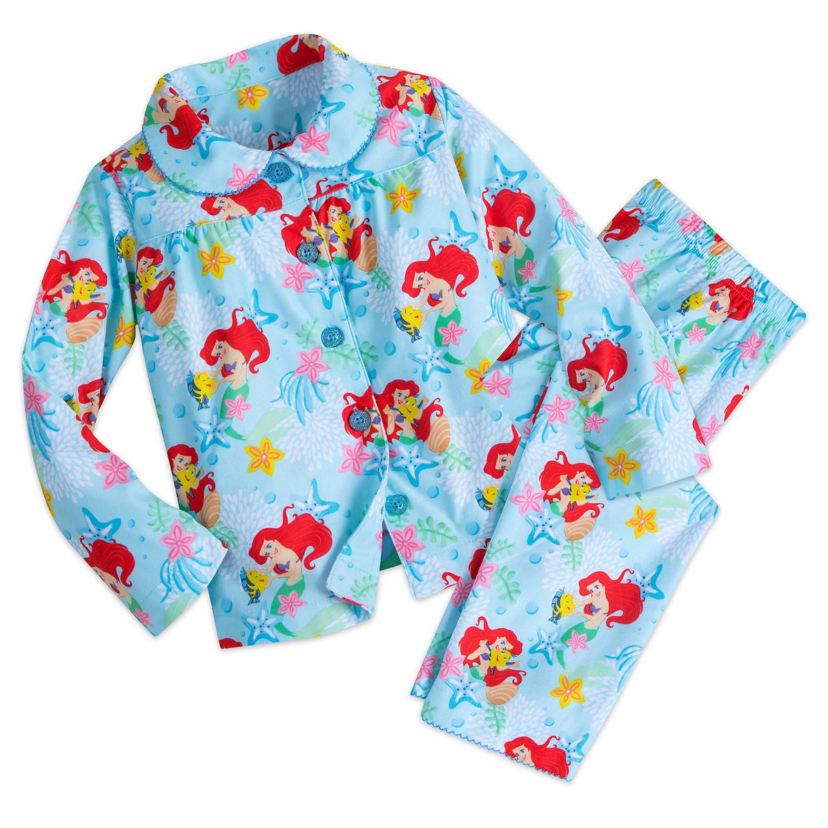 Disney Store Ariel Sleep Set Pajamas Princess Blue Flannel 2017 Size 7/ ...
