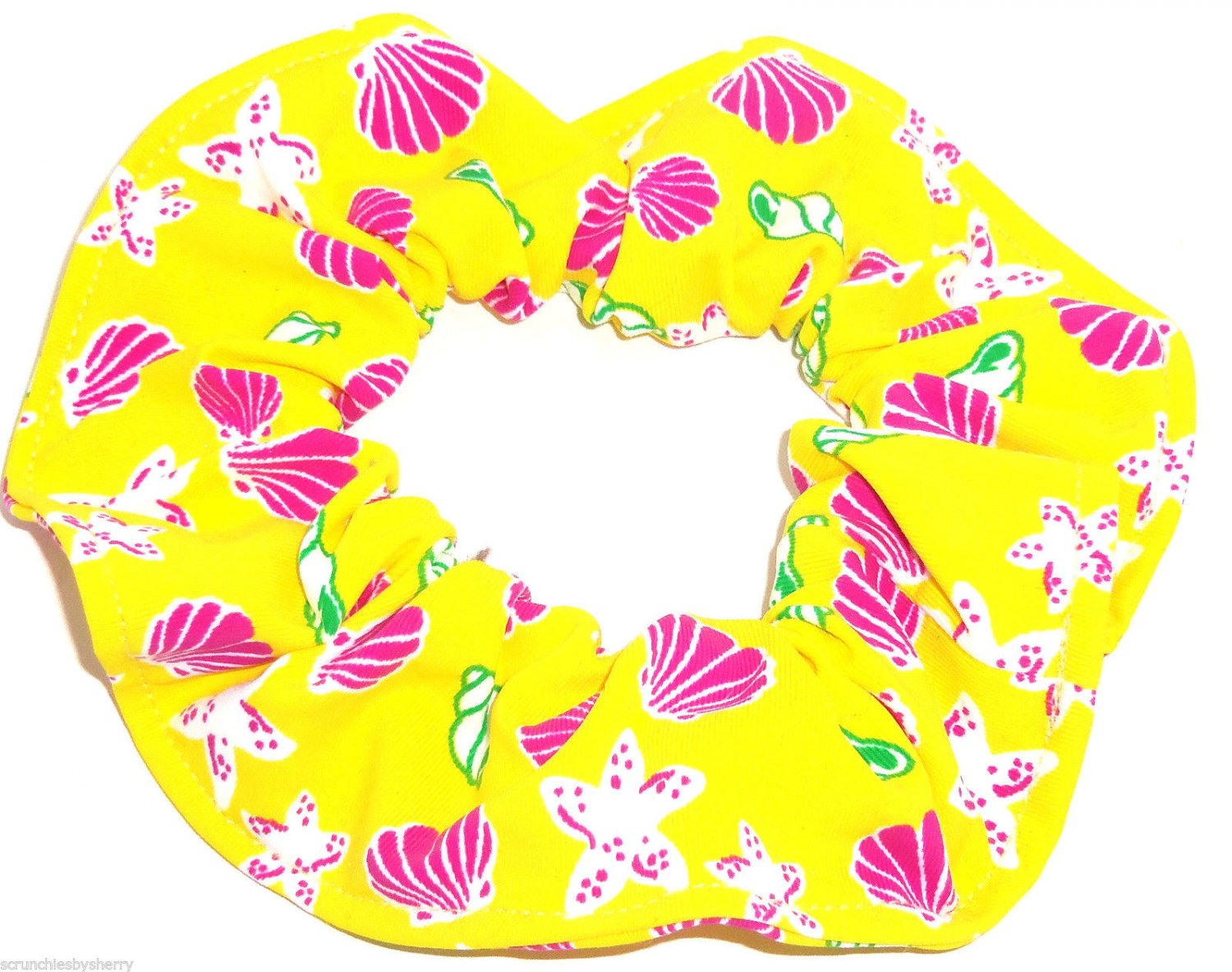 Yellow Pink Shells Spandex Hair Scrunchie Fabric Scrunchies by Sherry