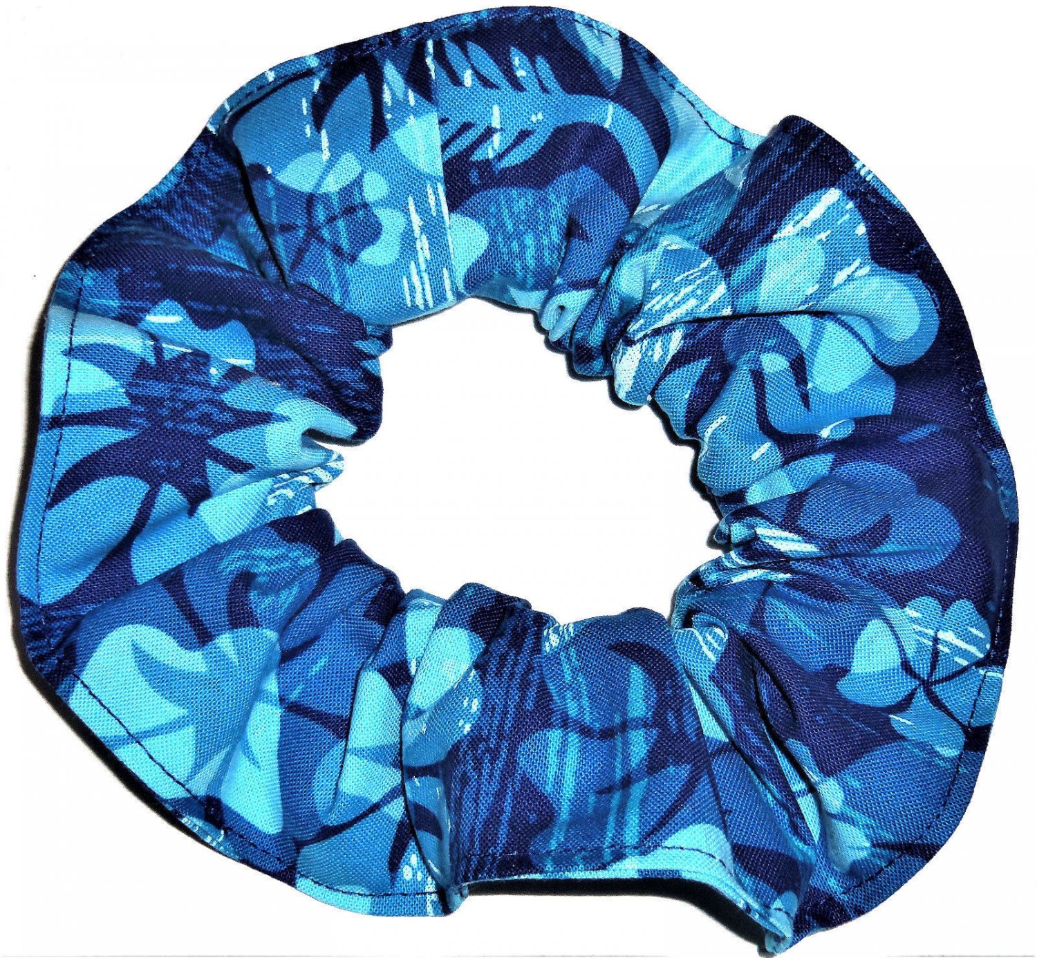 Tropical Blue Floral Flowers Fabric Hair Tie Scrunchie Scrunchies by Sherry