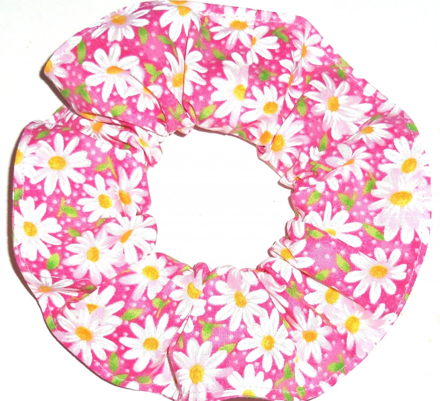 White Daisies Floral Pink Fabric Hair Ties Scrunchie Scrunchies by Sherry