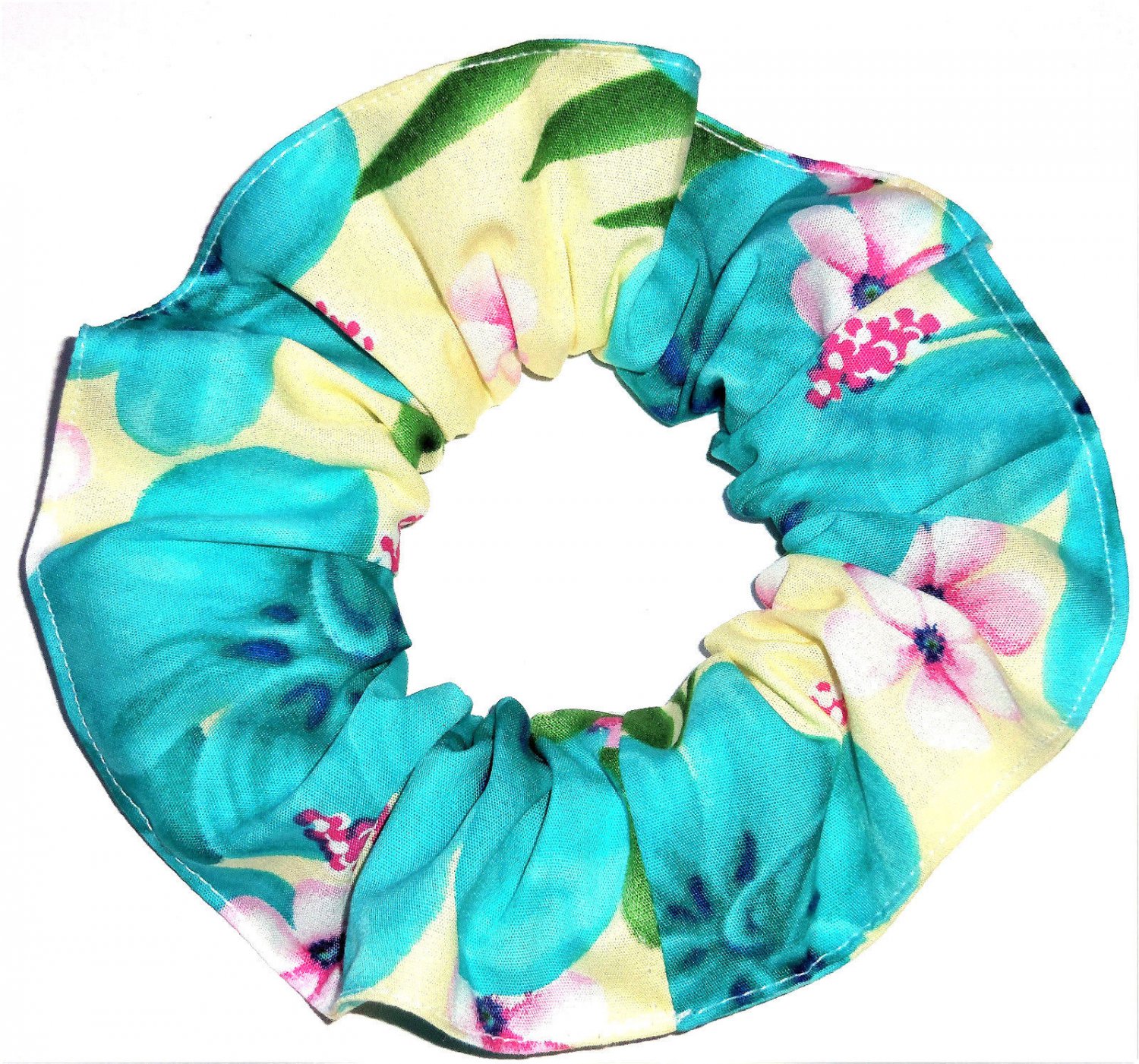 Tropical Teal Yellow Floral Fabric Hair Scrunchie Scrunchies by Sherry