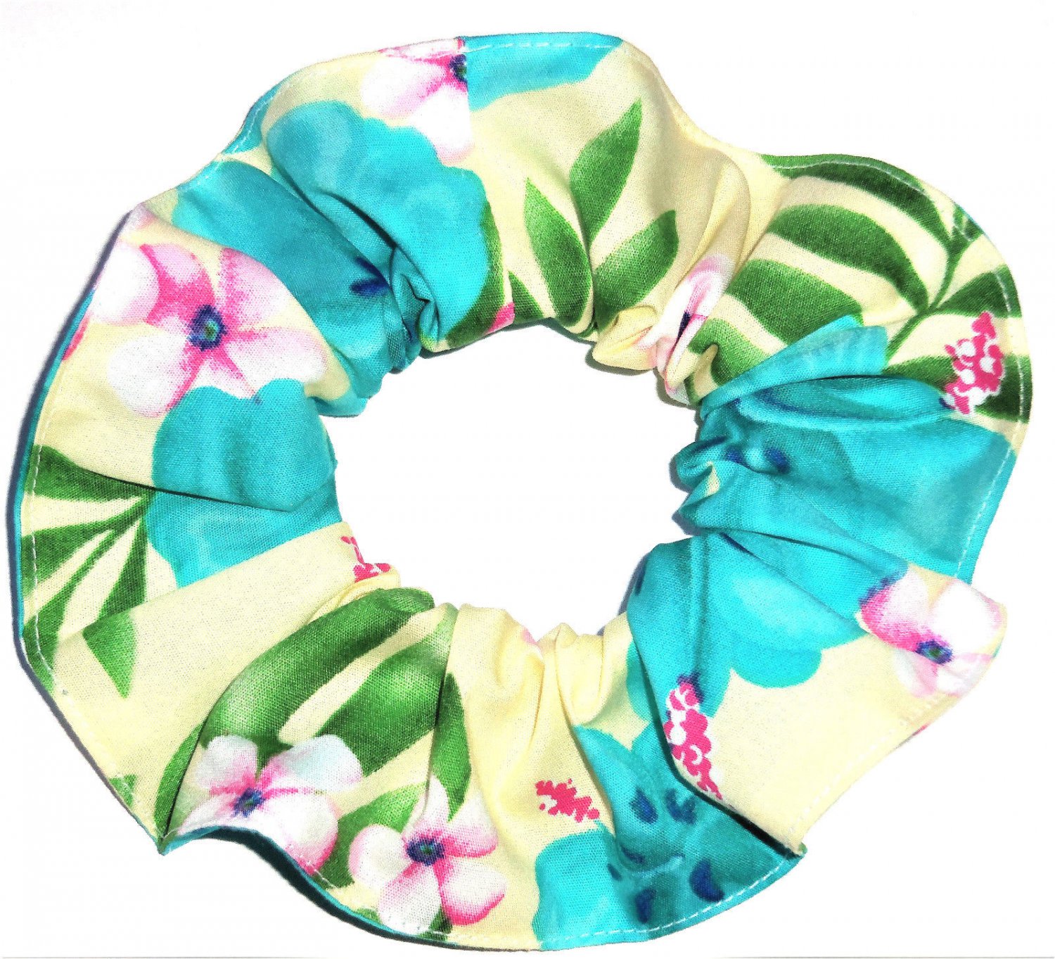 Tropical Teal Yellow Floral Fabric Hair Scrunchie Scrunchies by Sherry