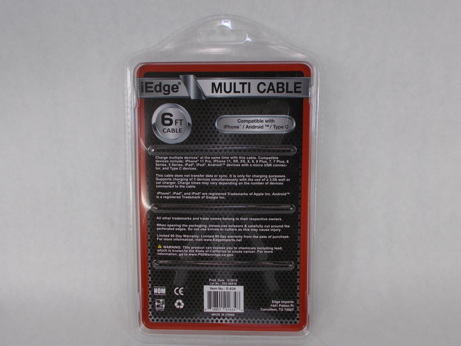 iEDGE 6ft 3 in 1 Charging Cable for Apple, Android, Samsung Type C products