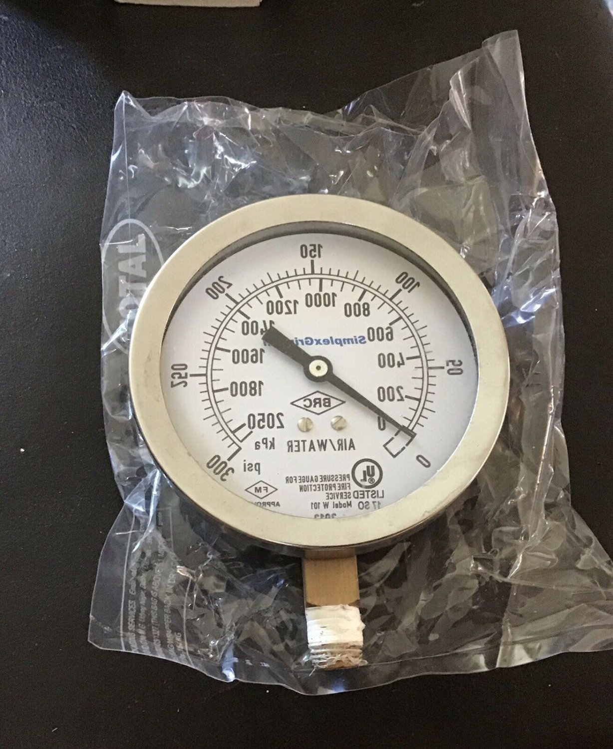 SIMPLEX GRINNELL W-101 AIR/WATER GAUGE 300PSI 2050KPA 3-1/2"