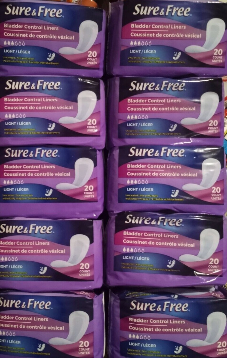 10 Packs (200) Bladder Control Liners - Unscented - Light - 20 ea x 10