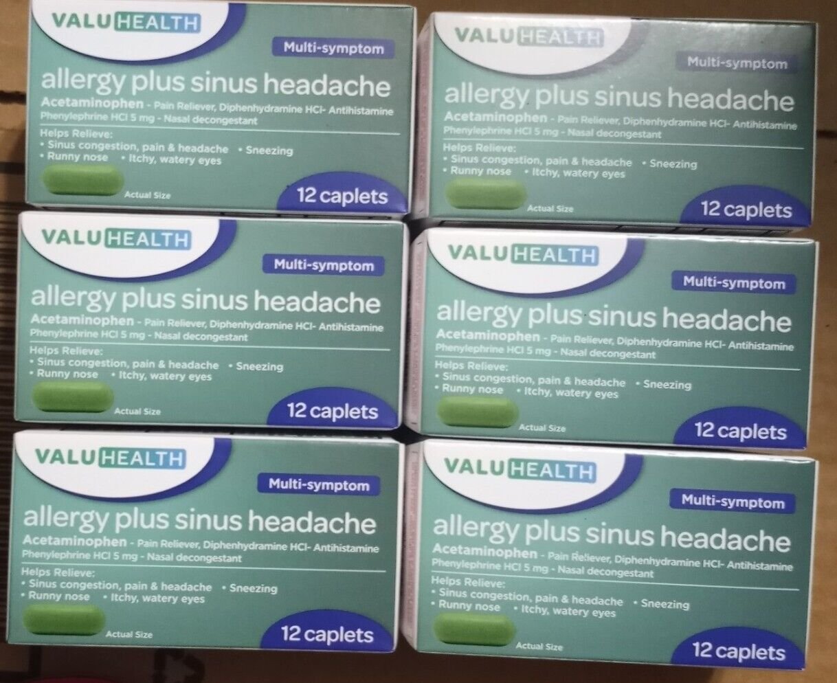 6 Bottles (72) Allergy Plus Sinus Headache - Multi-Symptom - 12 Caplets x 6