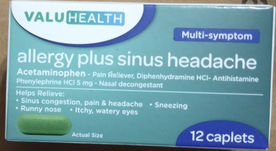 6 Bottles (72) Allergy Plus Sinus Headache - Multi-Symptom - 12 Caplets x 6