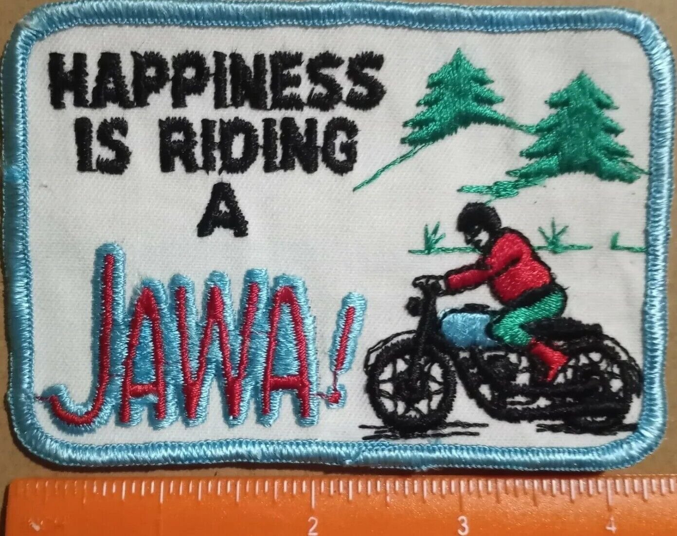 Happiness is Riding a Jawa! 1970s embroidered sew on patch