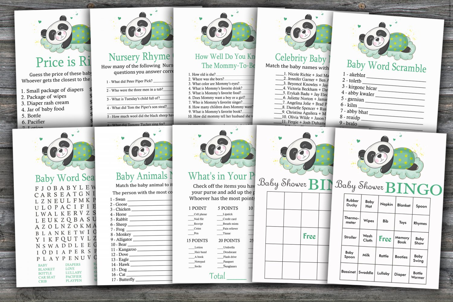 Panda baby shower games package,Jungle baby shower games pack,9 ...