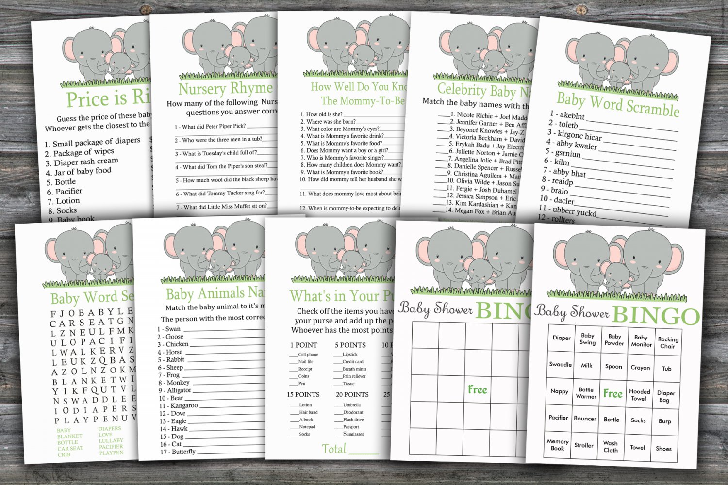 Elephant baby shower games package,Jungle baby shower games pack,9 ...