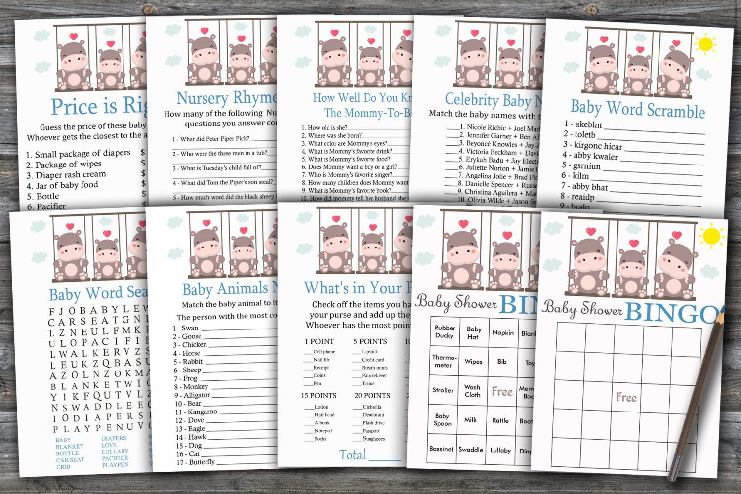 Hippo baby shower games package,Hippopotamus baby shower games package ...