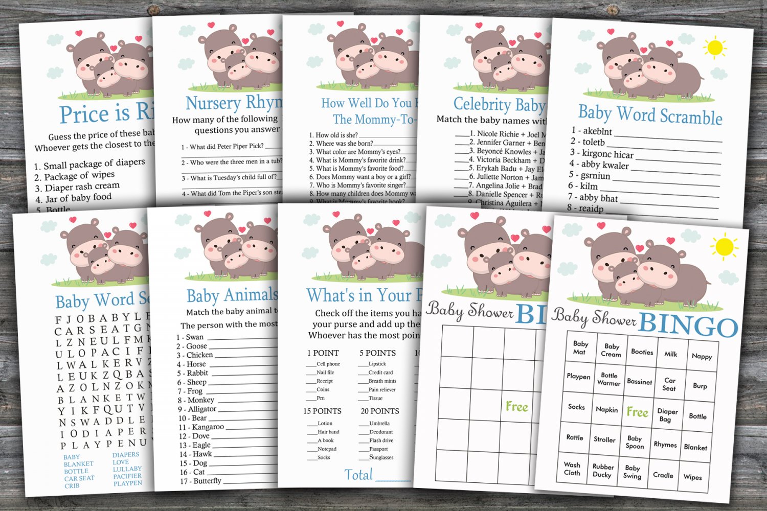 Hippo baby shower games package,Funny Hippo baby shower games package,9 ...