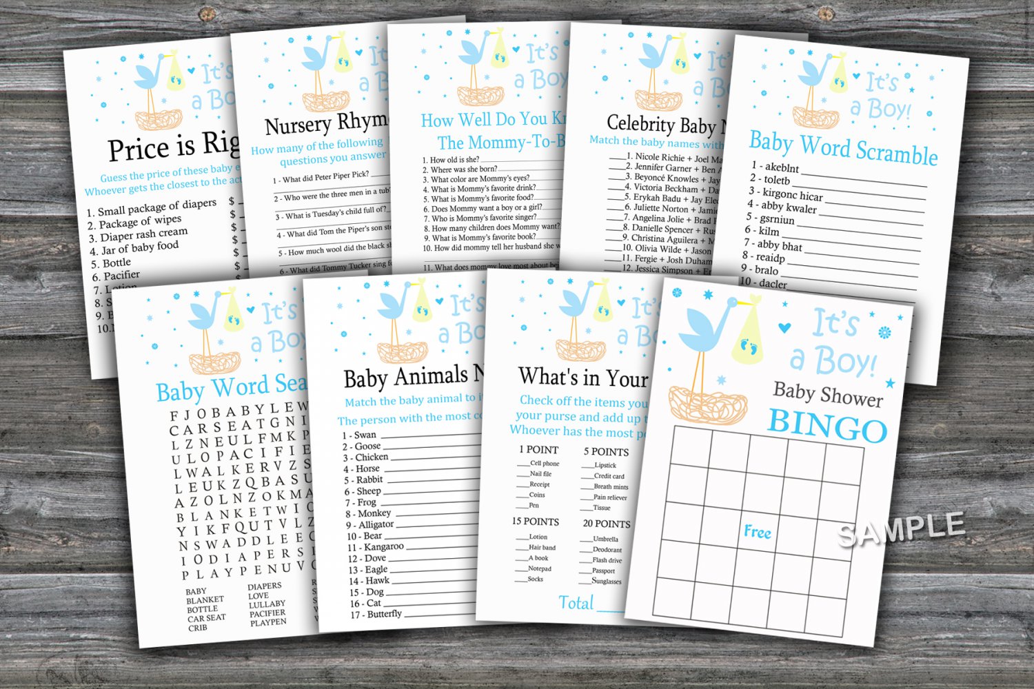 Stork baby shower games package,Blue stork baby shower games package,9 ...