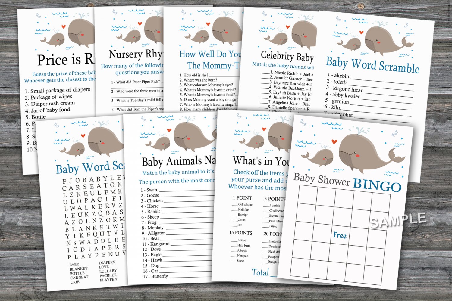 Whale baby shower games package,Nautical baby shower games package,9 ...