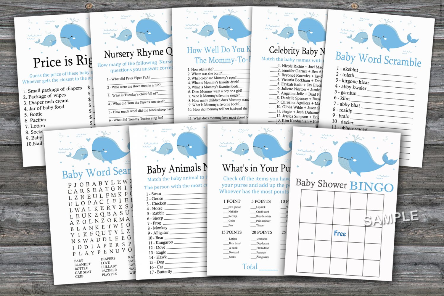 Whale baby shower games package,Blue Whale baby shower games package,9 ...