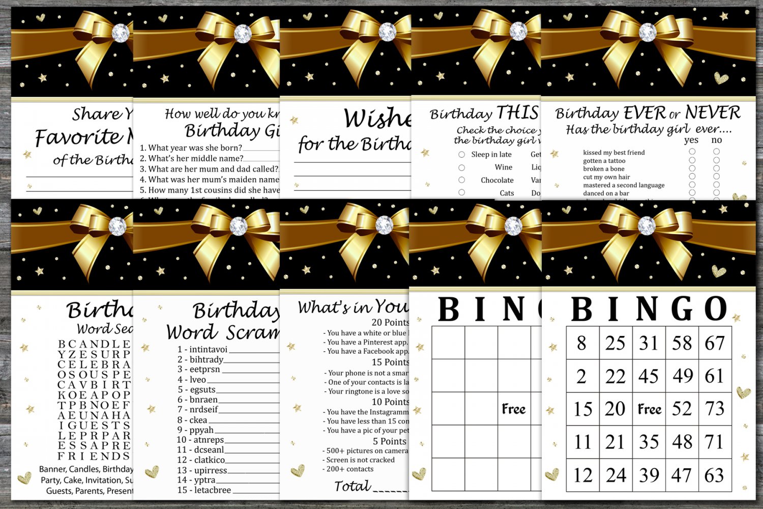 Golden bow Birthday Games package,Adult Birthday Games,9 Birthday Games ...