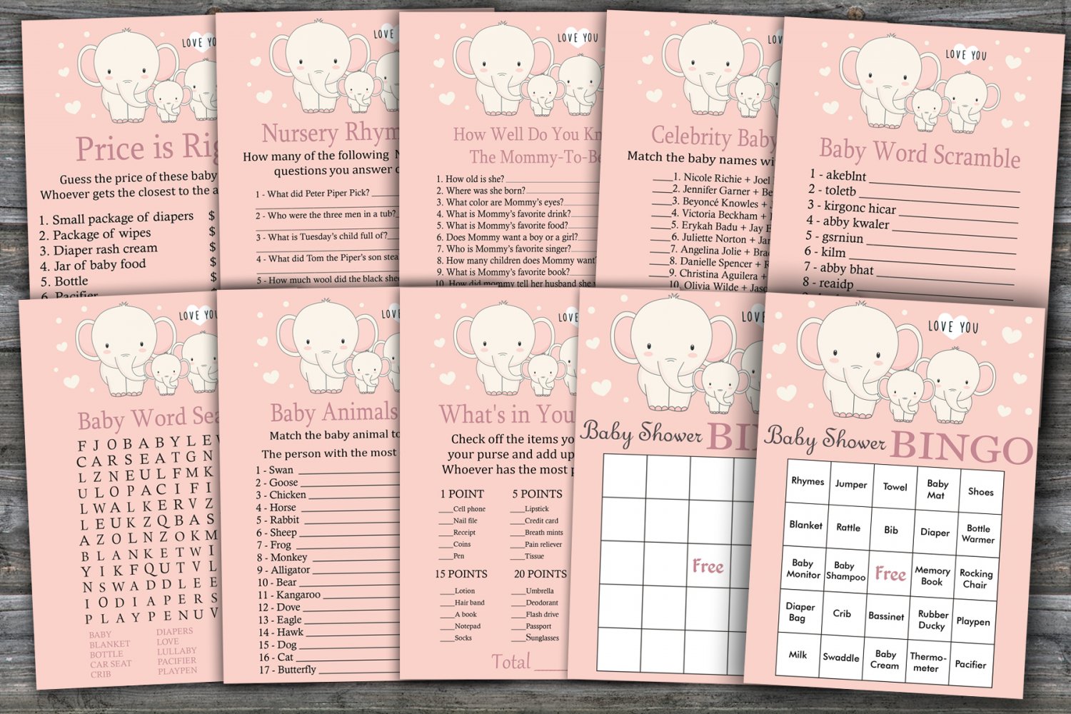 Elephant baby shower games package,Safari baby shower games package ,9 ...