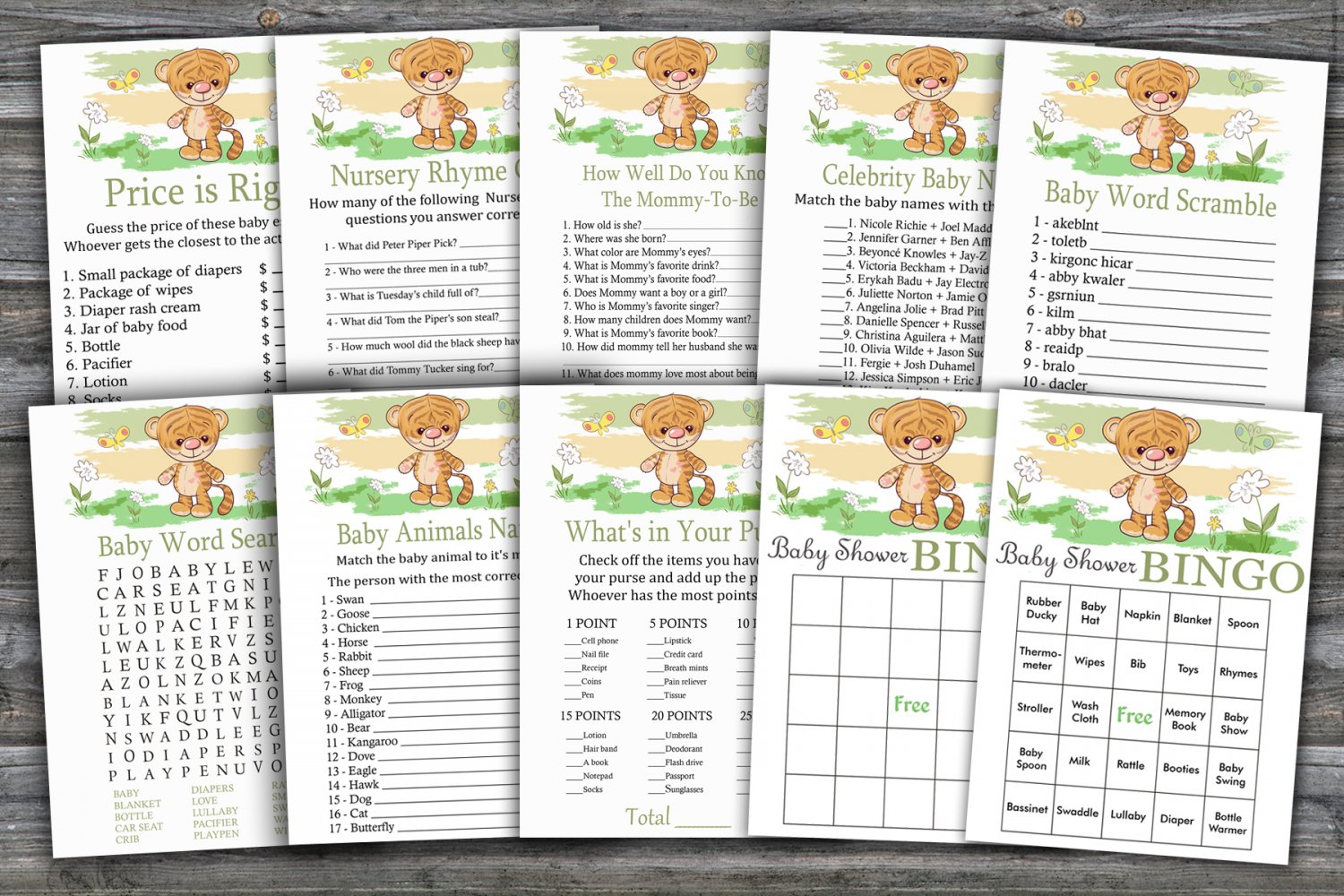 Tiger baby shower games package,Jungle baby shower games package ,9 ...