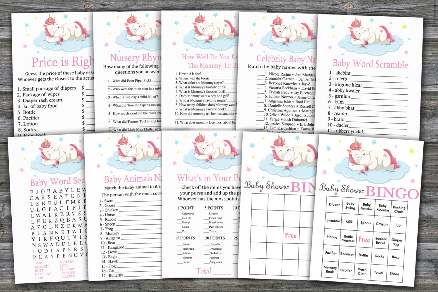 Unicorn baby shower games package,Unicorn baby shower games pack,9 ...