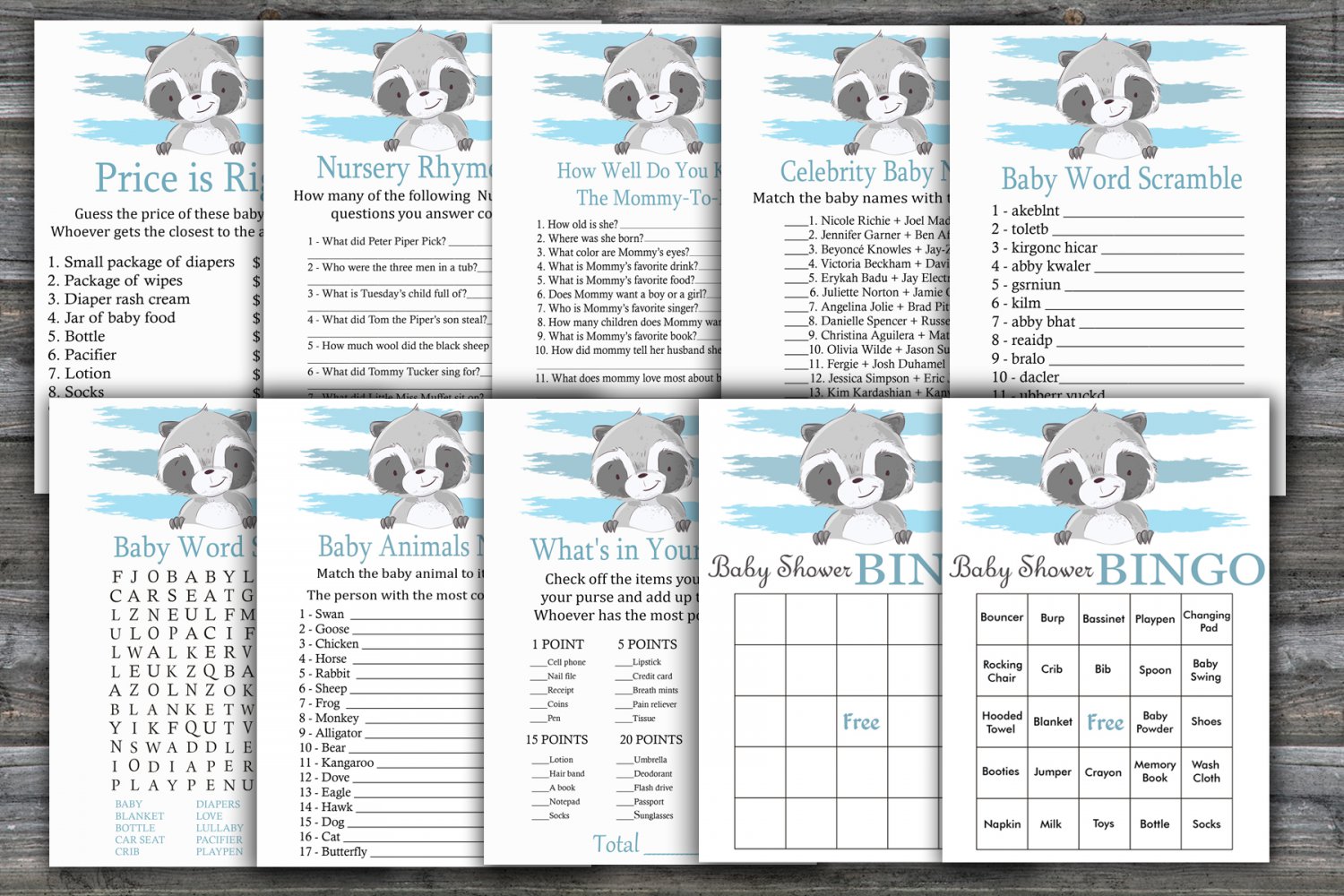 Raccoon baby shower games package,Woodland baby shower games package,9 ...