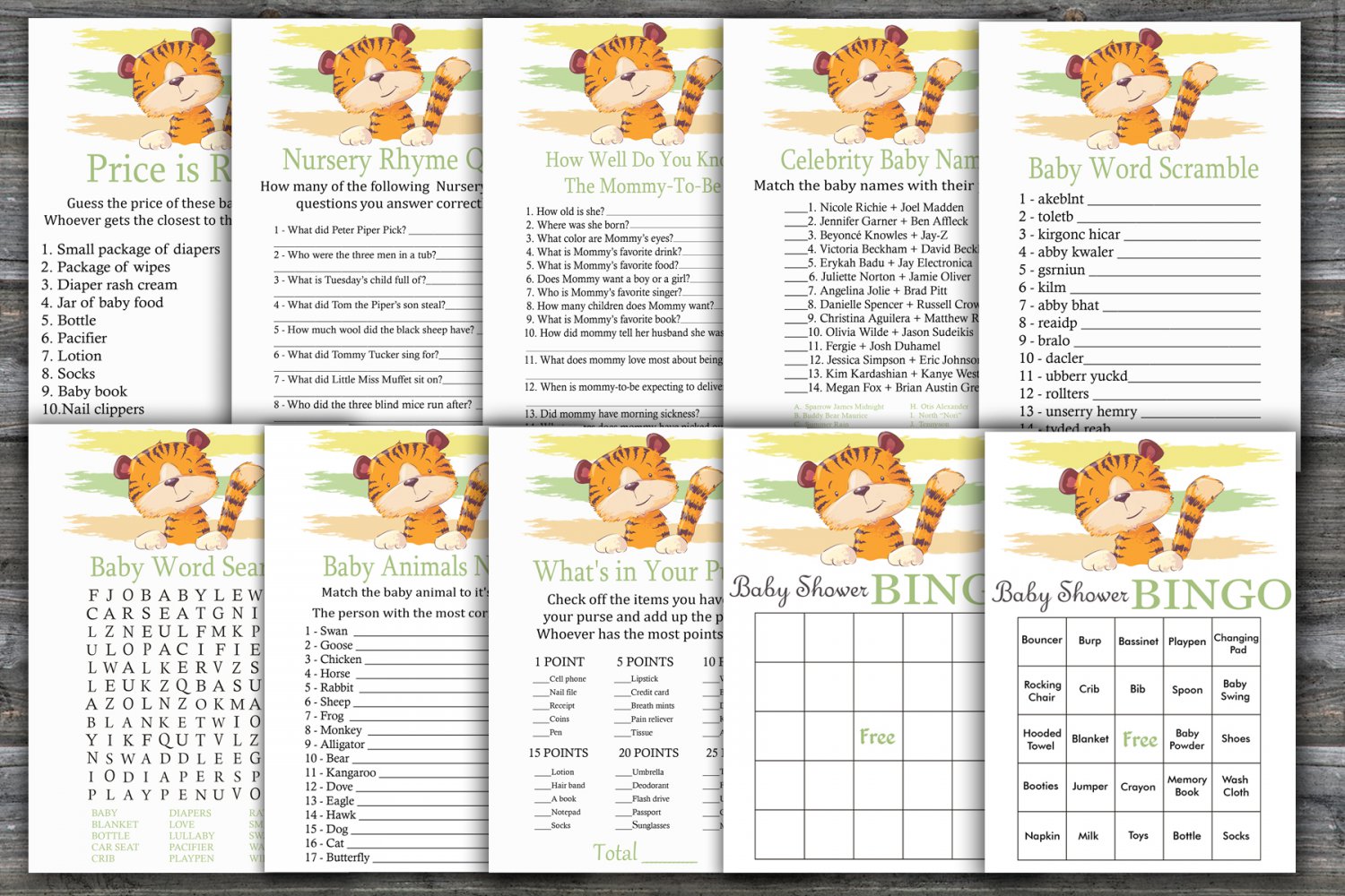 Cute Tiger baby shower games package,Jungle baby shower games package ...