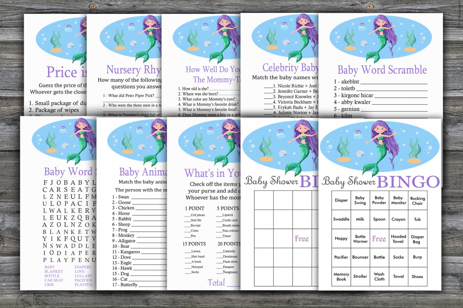 Mermaid baby shower games package,Under the sea baby shower games pack ...