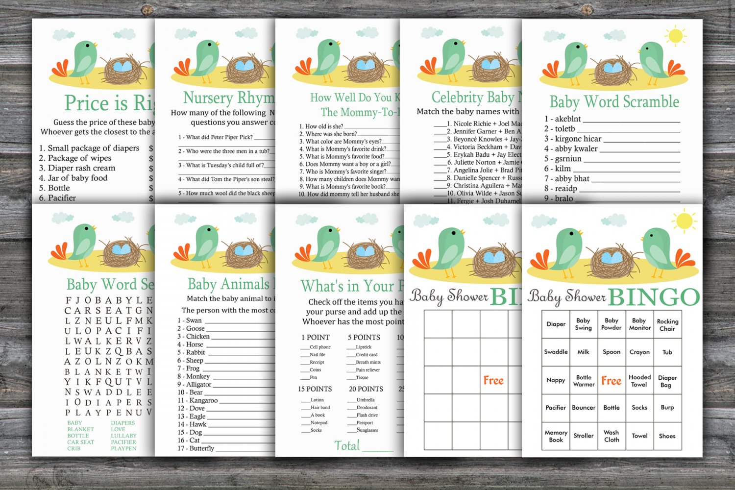 Birds and nest baby shower games package,Birds baby shower games pack,9 ...