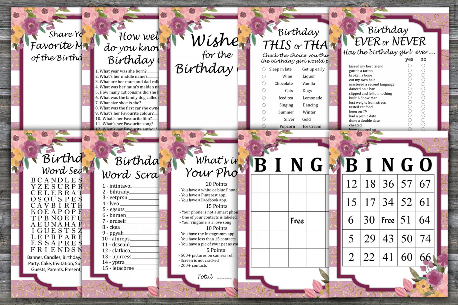 Pink Striped Birthday Game package,Adult Birthday Game,flowers birthday ...