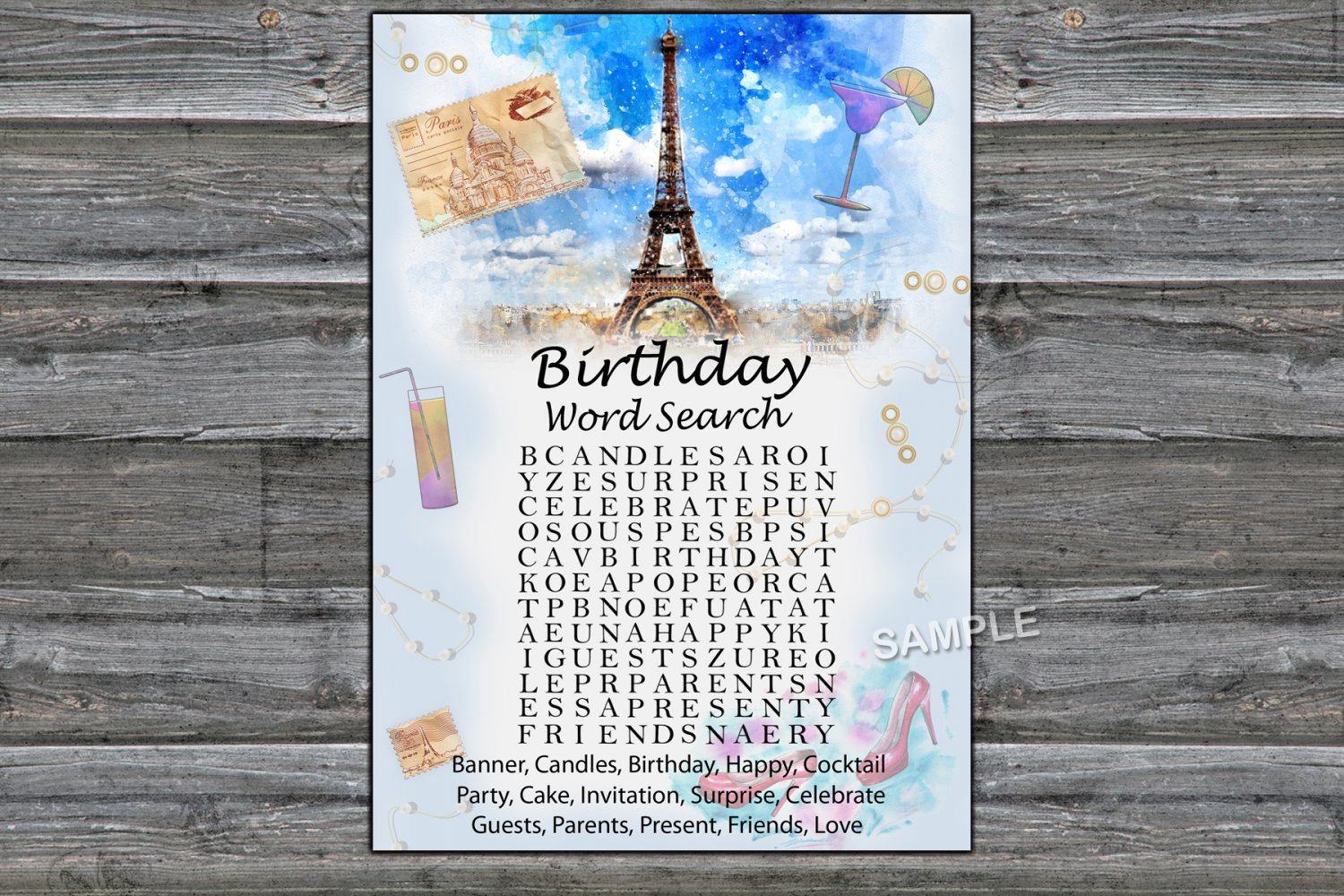 Paris Eiffel Tower birthday word search game,Adult Birthday Game ...