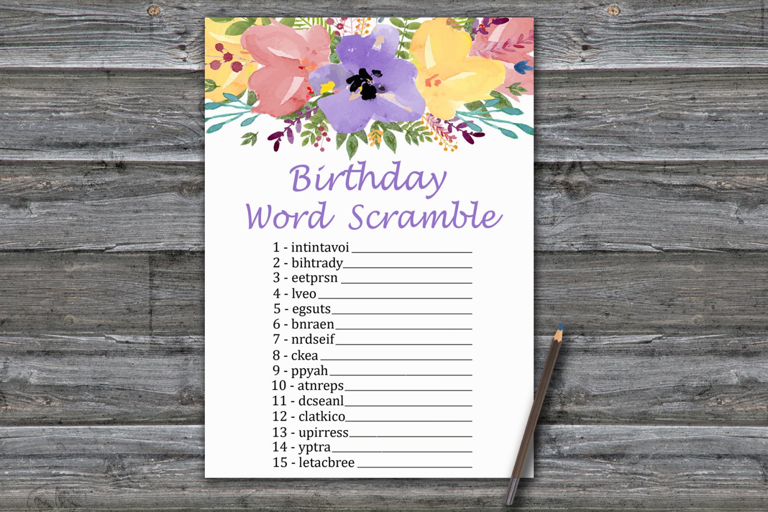 Watercolor flowers BIRTHDAY WORD SCRAMBLE Game,Adult Birthday Game ...