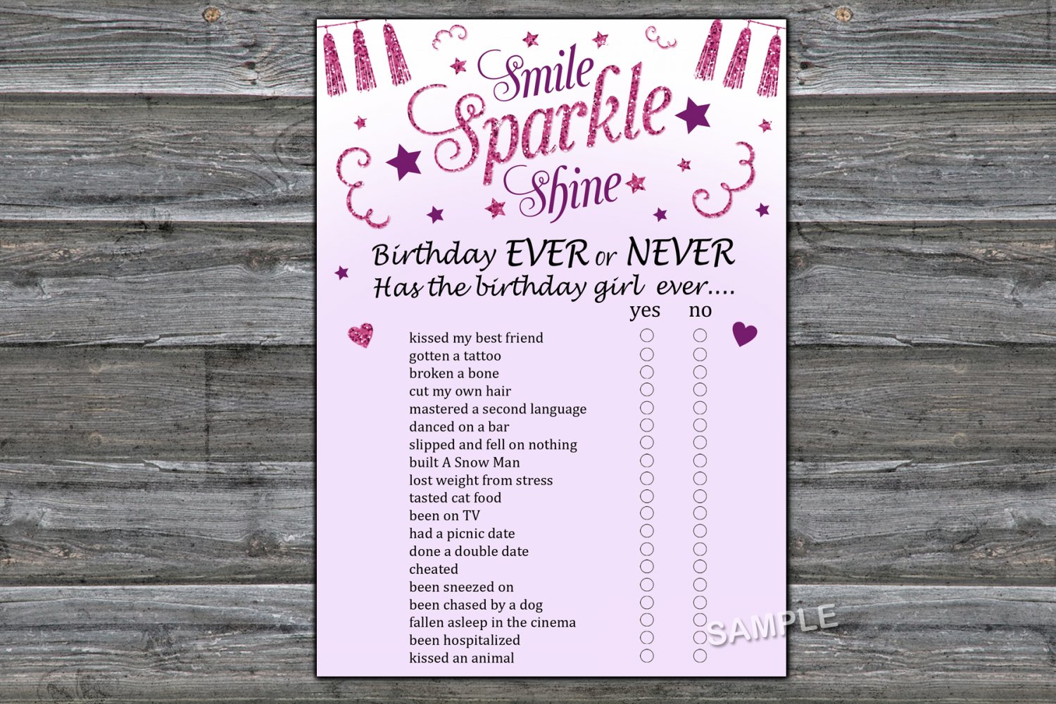 Pink glitter Birthday ever or never game,Adult Birthday Game,INSTANT ...