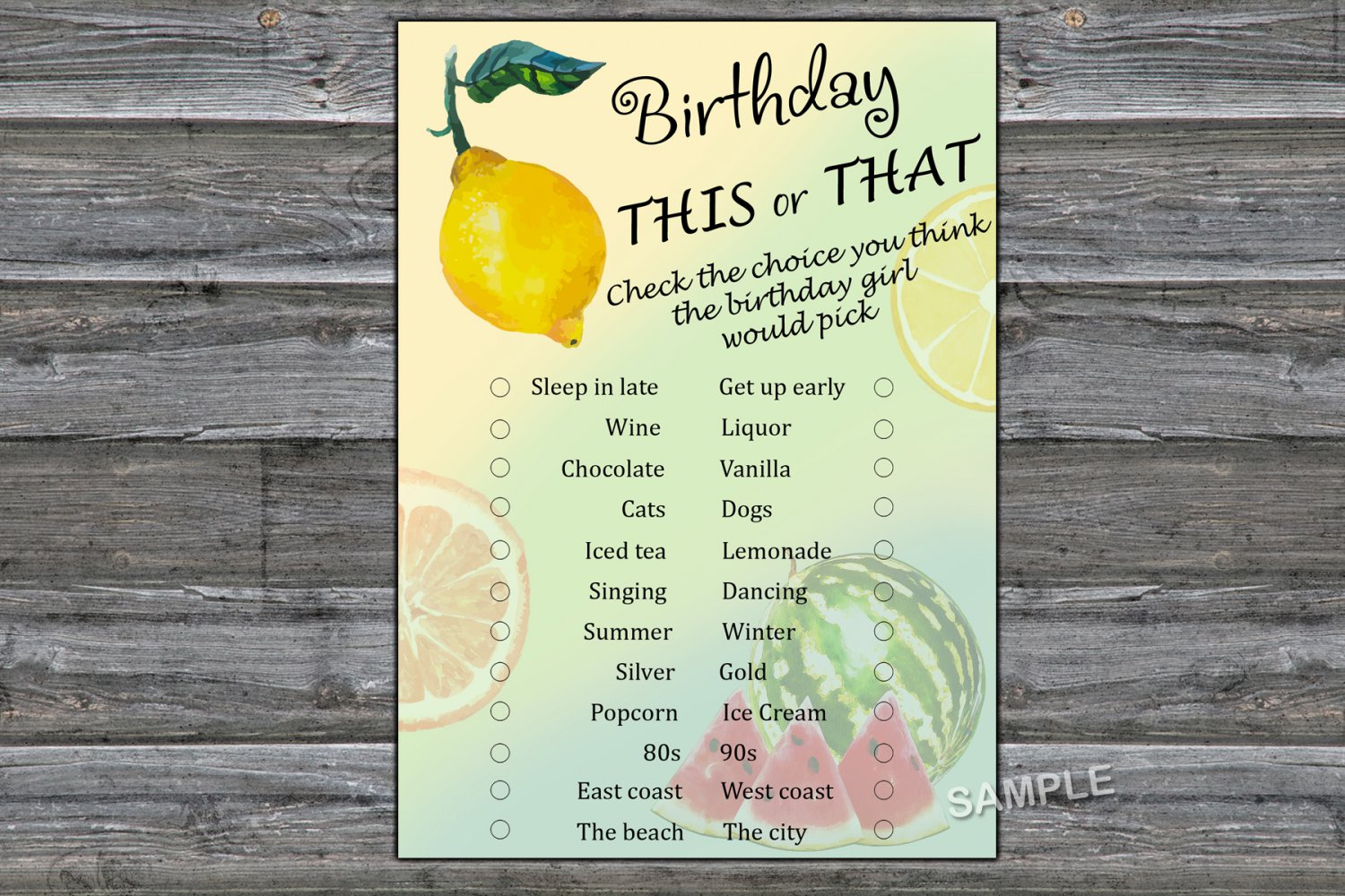 Lemon this or that birthday game,Adult Birthday Game,INSTANT DOWNLOAD--32