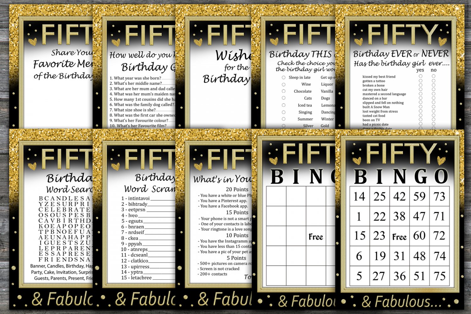 Fifty Birthday Game package,Adult Birthday Game,Gold glitter birthday ...