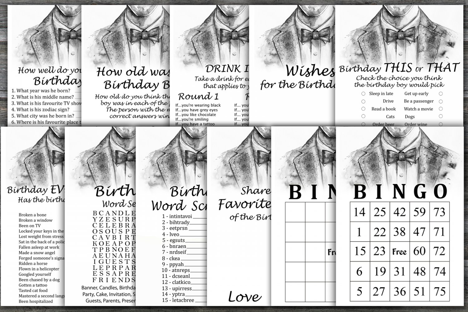 Bow Tie Birthday Game package,Adult Birthday Game,Classic Man Birthday ...