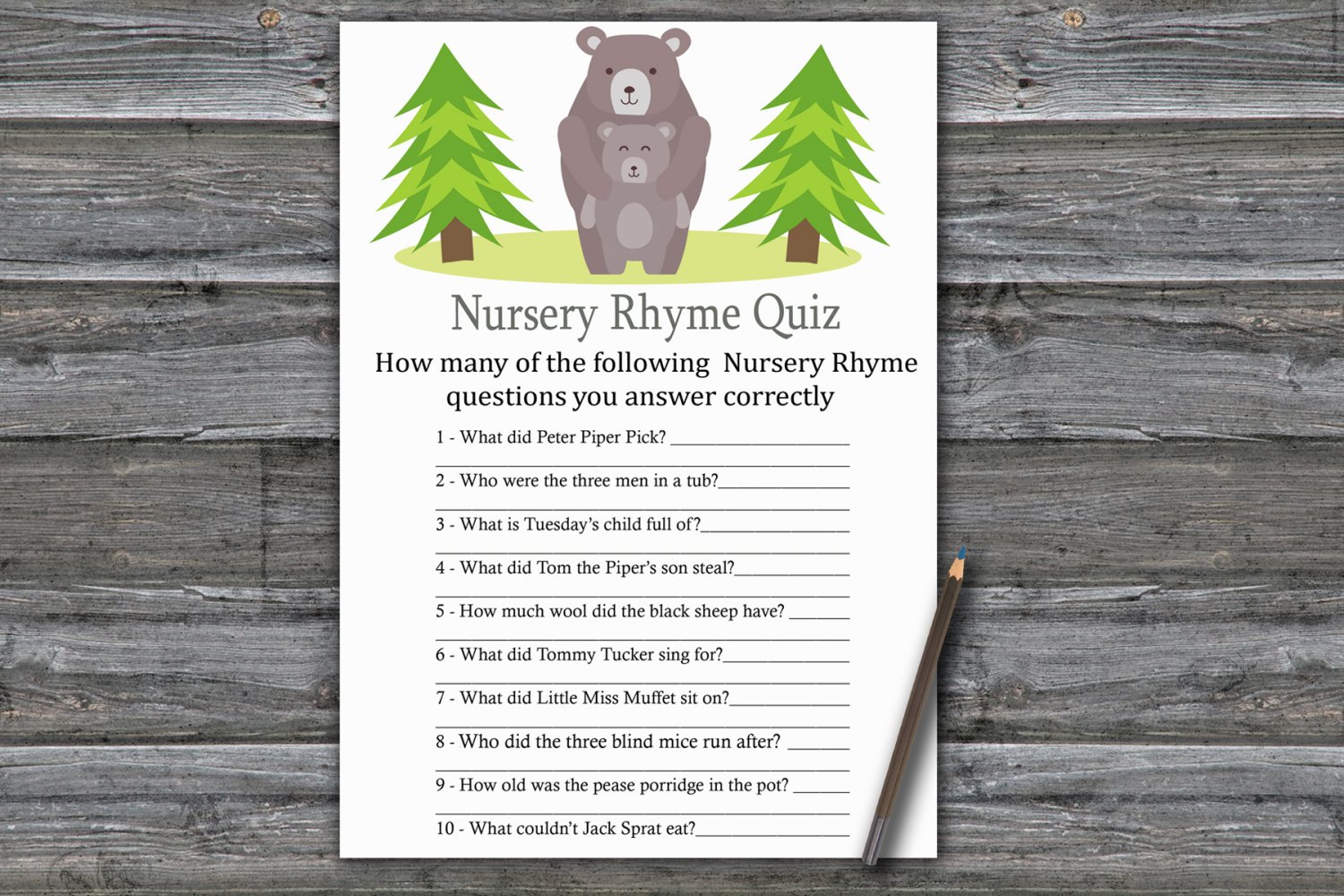 Bear Nursery Rhyme Quiz Game,Bear Baby shower games,INSTANT DOWNLOAD--368