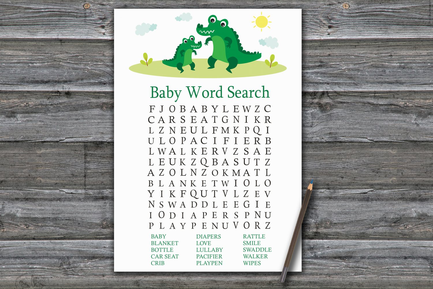 Cute Alligator Baby Shower Word Search Game,Cute Alligator Baby shower ...