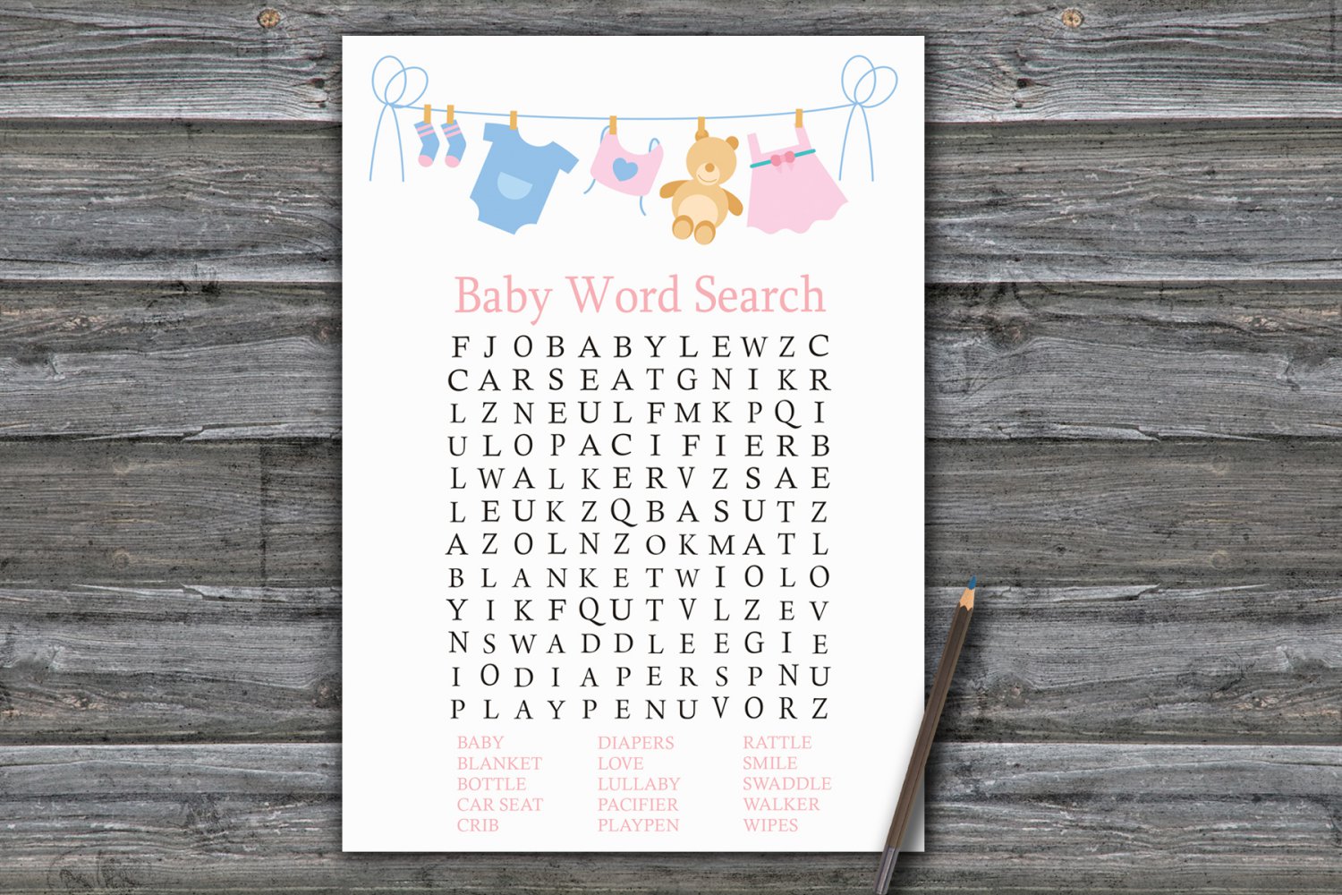 Clothesline Baby Shower Word Search Game,Clothesline Baby shower games ...