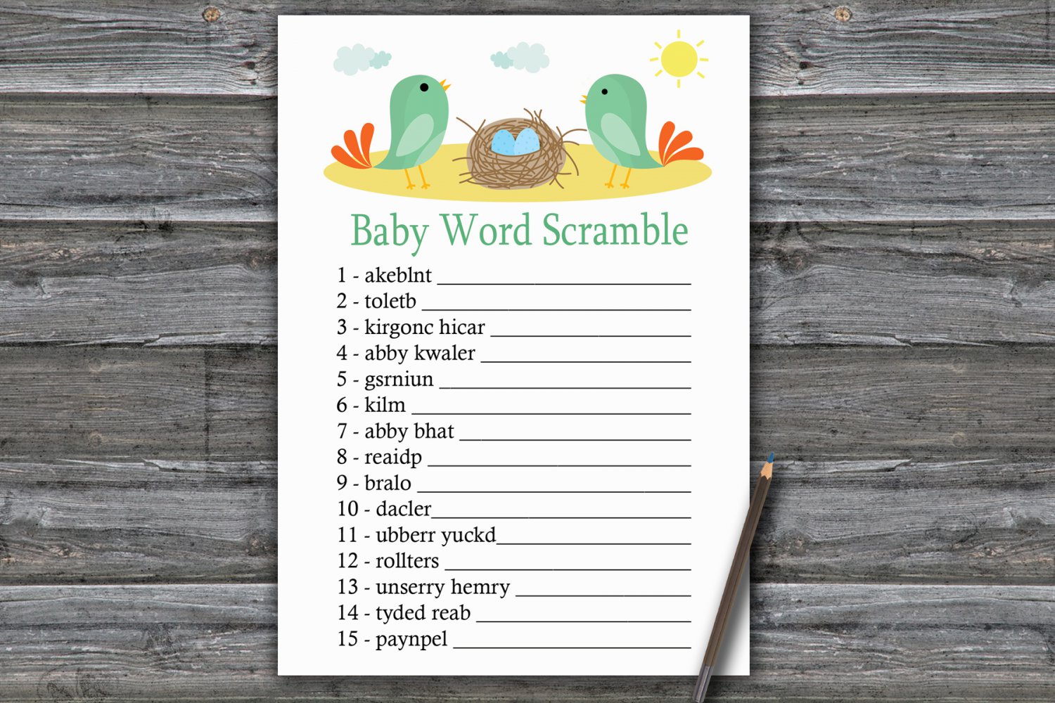 Birds and nest Baby Word Scramble Game,Birds and nest Baby shower games ...