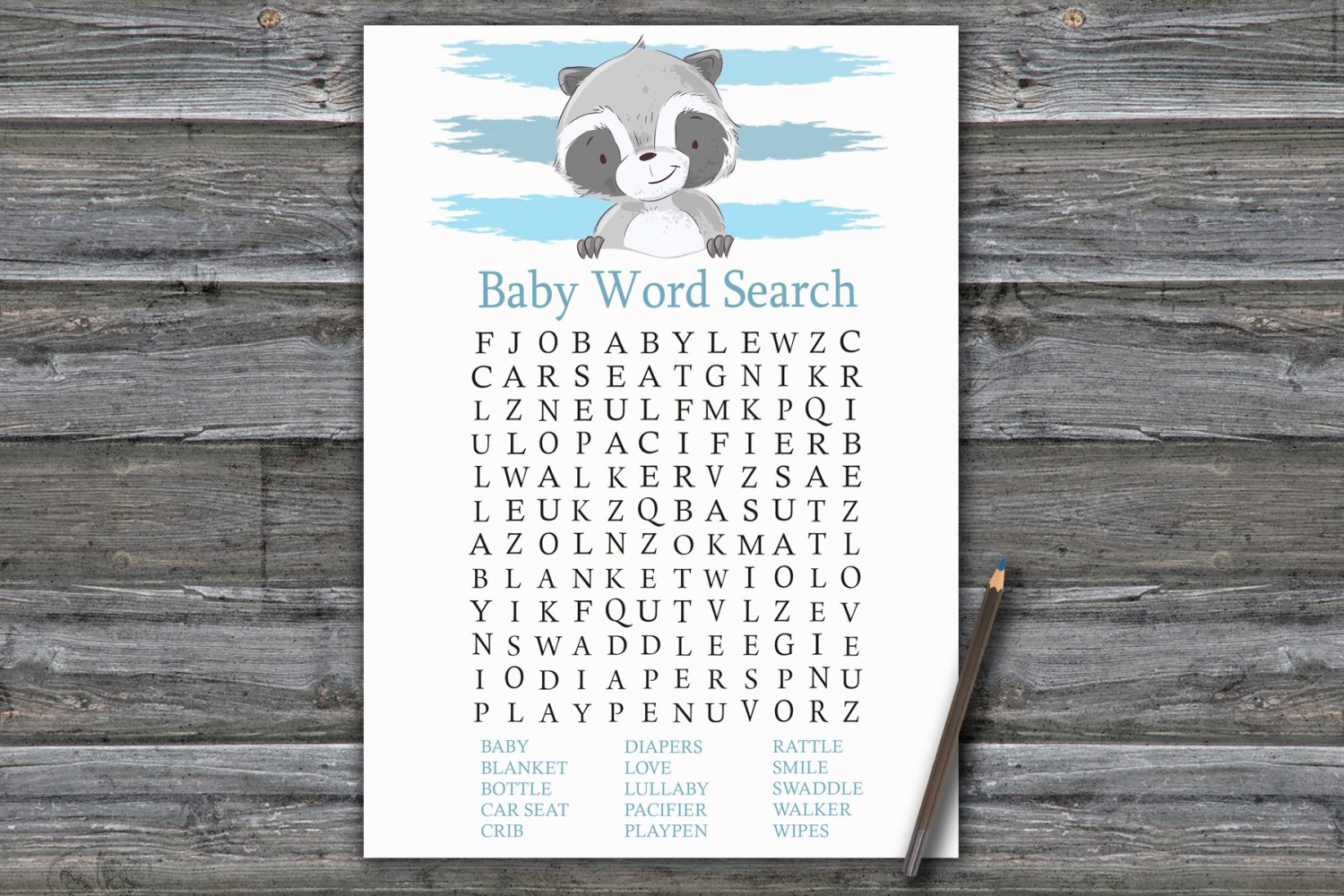 Raccoon Baby Shower Word Search Game,Raccoon Baby shower games,INSTANT ...