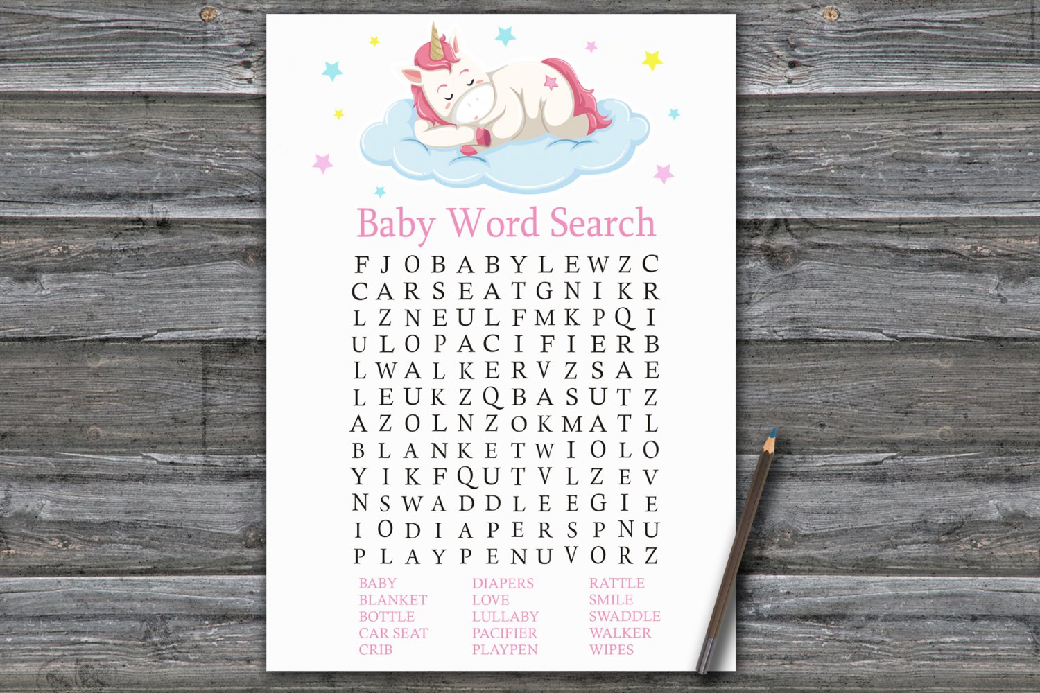 Unicorn Baby Shower Word Search Game,Sleeping Unicorn Baby shower games ...