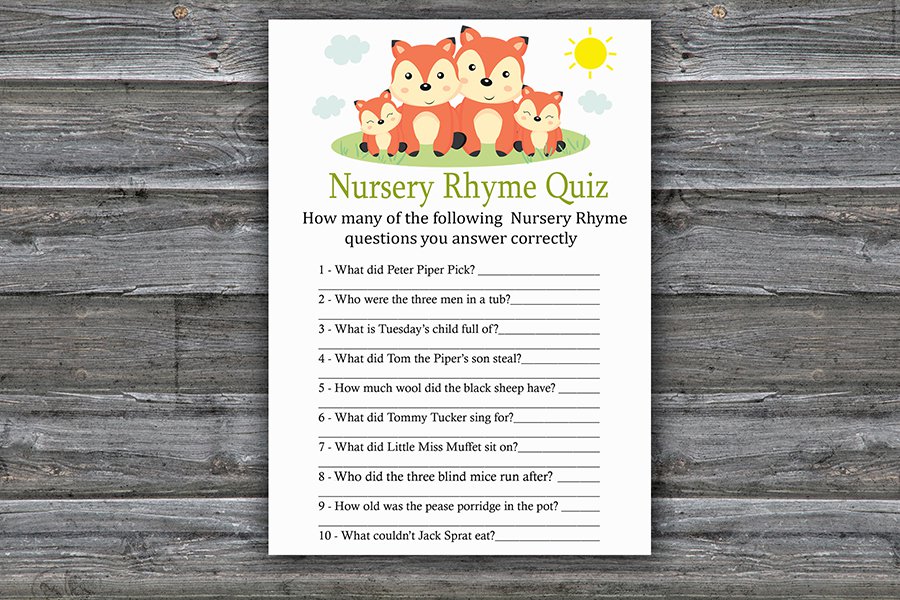 Fox Nursery Rhyme Quiz Game,Fox Baby shower games,INSTANT DOWNLOAD--295