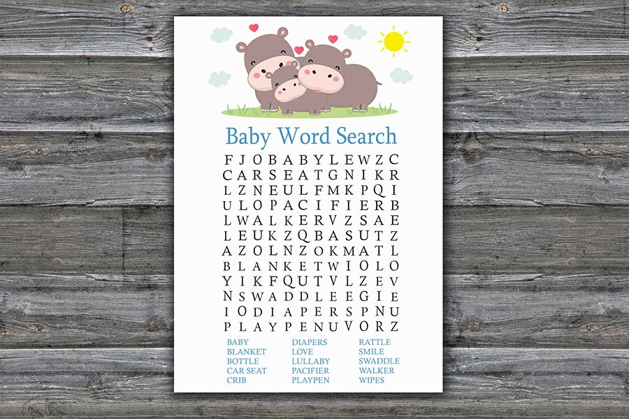 Funny Hippo Baby Shower Word Search Game,Funny Hippo Baby shower games ...