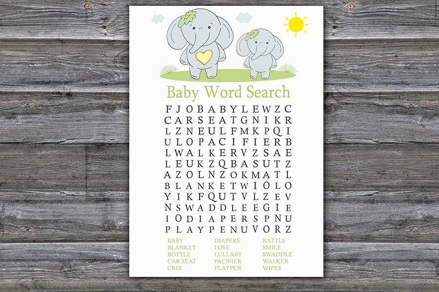 Blue elephant Baby Shower Word Search Game,Blue elephant Baby shower ...