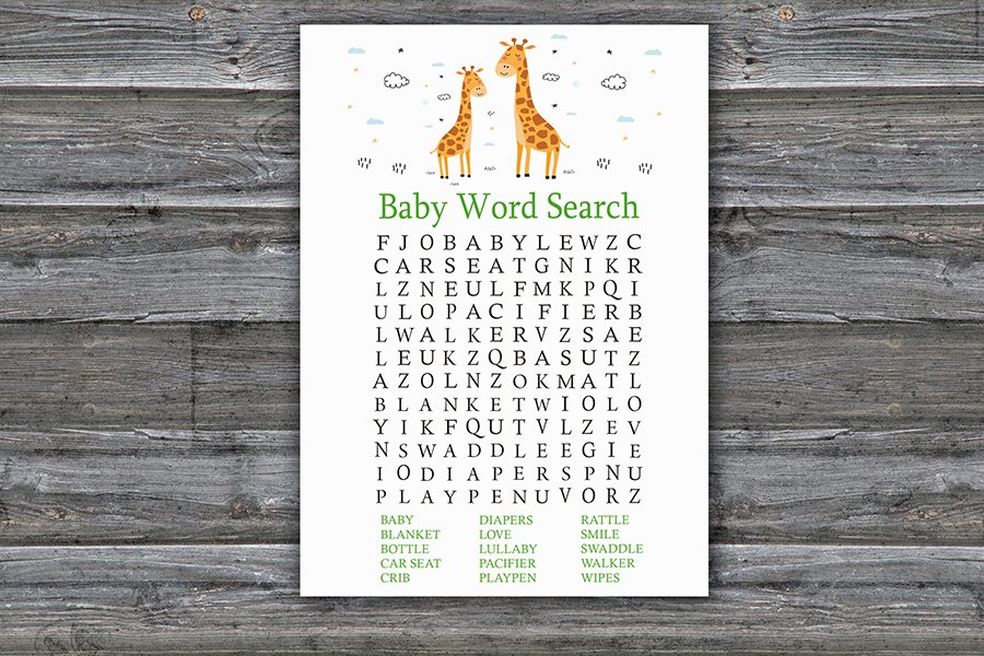Giraffe Baby Shower Word Search Game,Giraffe Baby shower games,INSTANT ...