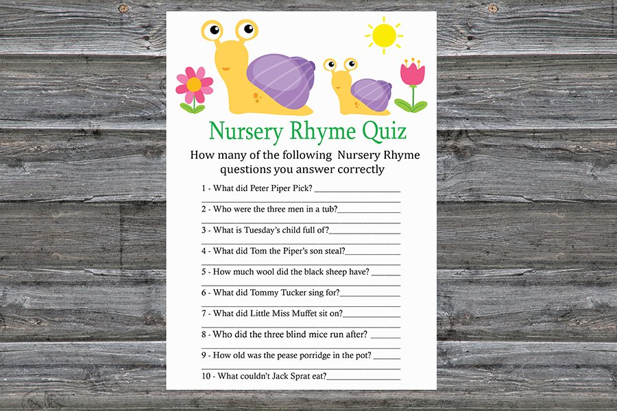 Snail Nursery Rhyme Quiz Game,Snail Baby shower games,INSTANT DOWNLOAD--279