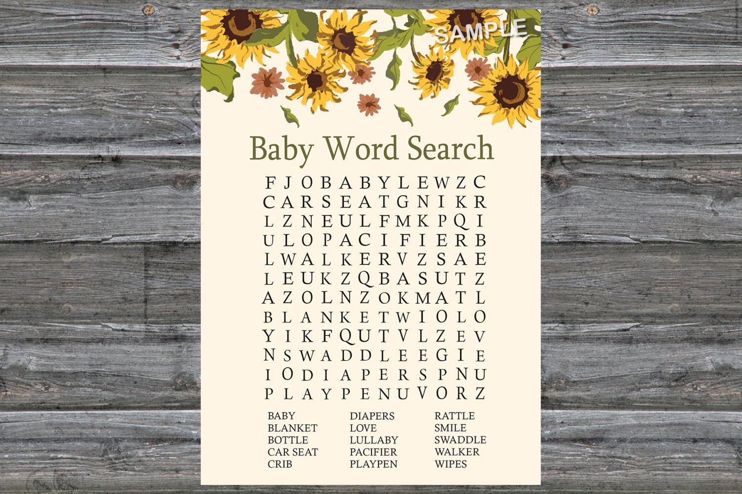 Sunflower Baby Shower Word Search Game,Sunflower Baby shower games ...