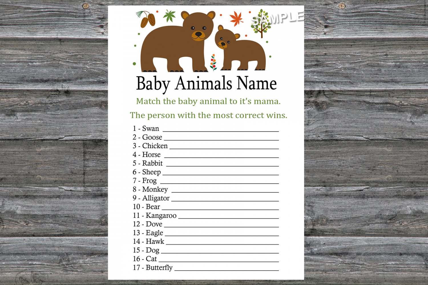 Bear Baby Animals Name Game,Bear Baby shower games,INSTANT DOWNLOAD--214