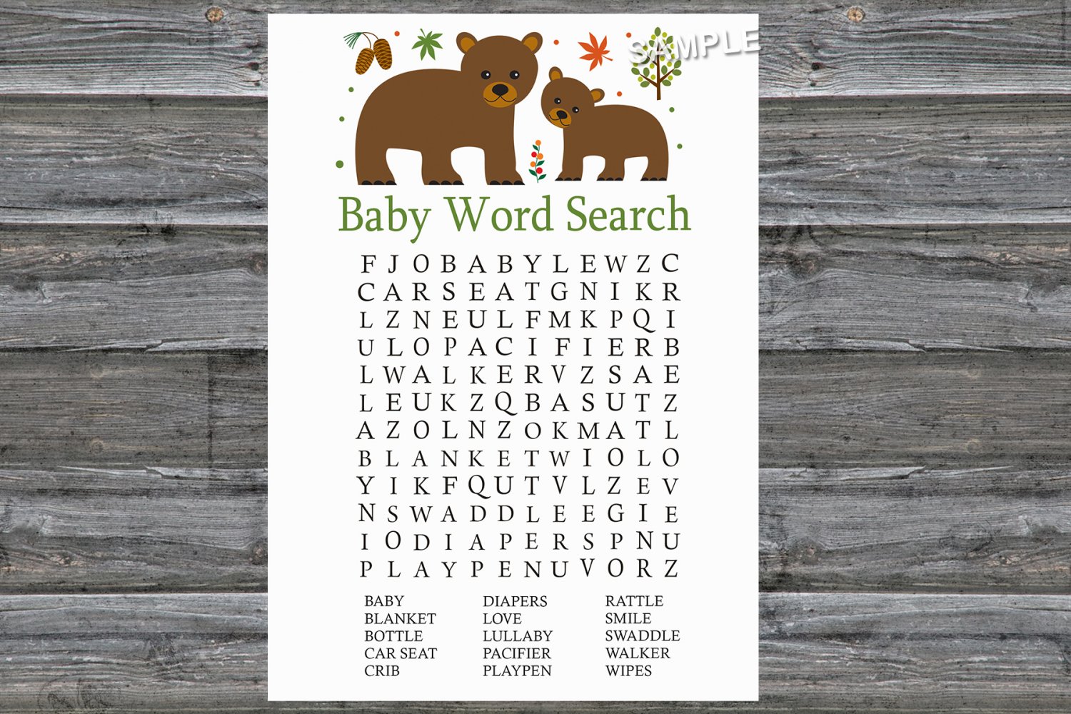 Bear Baby Shower Word Search Game,Bear Baby shower games,INSTANT ...