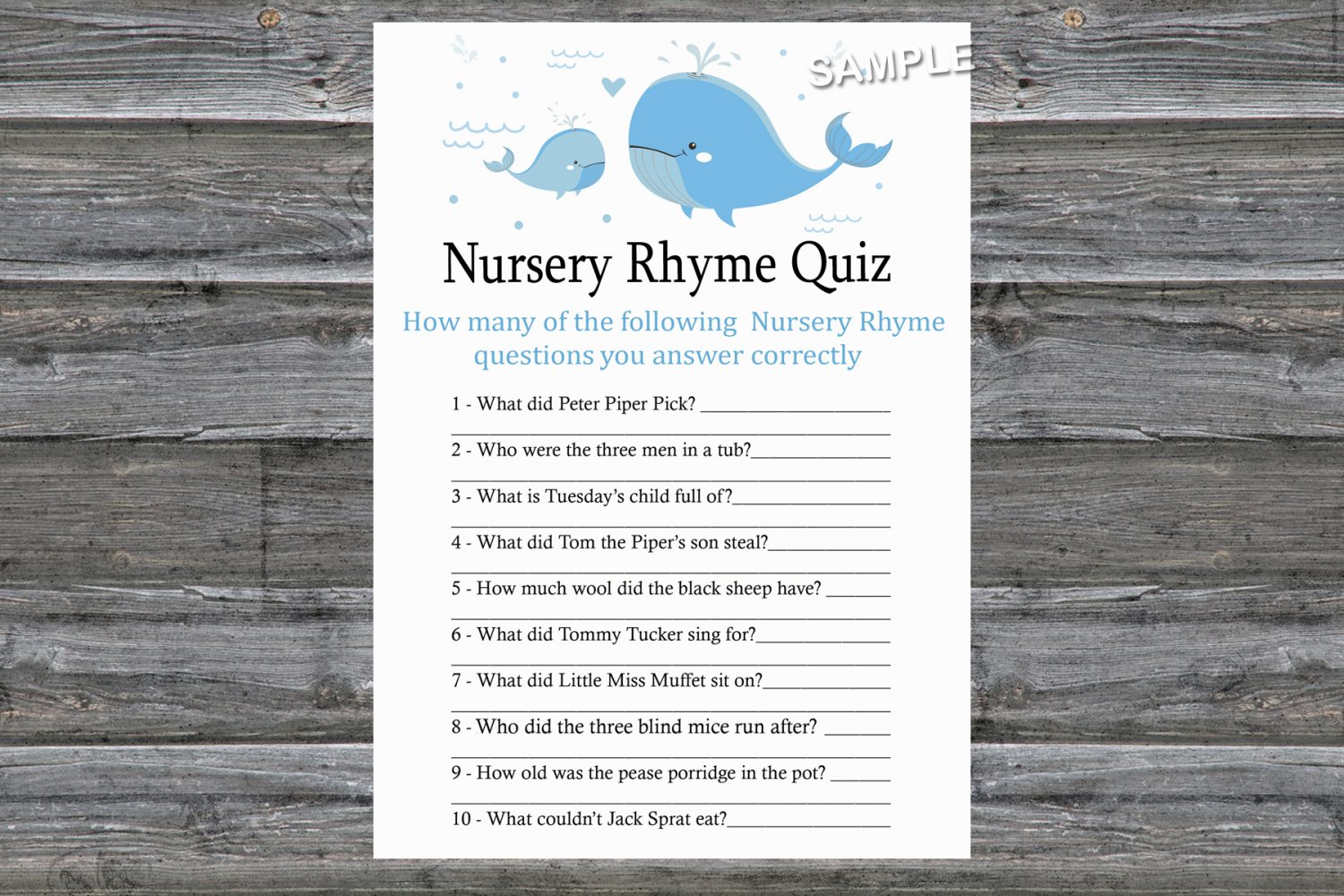 Blue Whale Nursery Rhyme Quiz baby shower game,Blue Whale Baby shower ...
